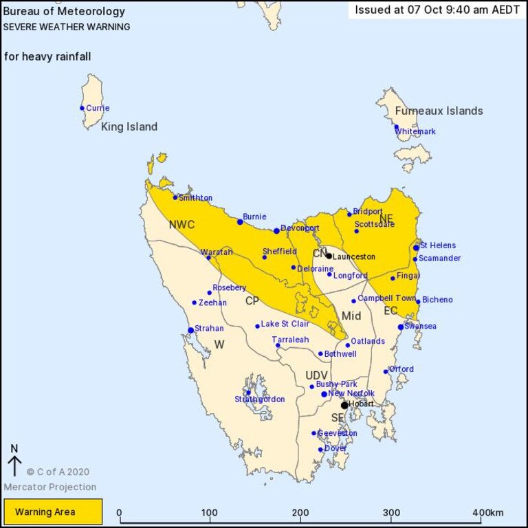 Tasmania Weather Heavy Rainfall Damaging Wind Warning For North Of